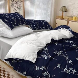 PRINTIUM 3pcs White Floral Queen Duvet Cover Set Dark Blue White Flower Printed Comforter Cover with Zipper Closure Soft Breathable Vintage Botanical Navy Bedding Set