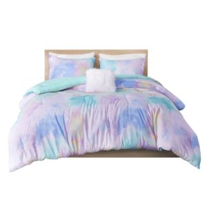 intelligent design queen/full size comforter set, watercolor queen bedding sets, tie dye comforter set for teen girl & boys, 4 pieces cassiopeia comforter, sham, throw pillow full/queen pink/blue