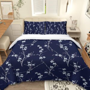 printium 3pcs white floral queen duvet cover set dark blue white flower printed comforter cover with zipper closure soft breathable vintage botanical navy bedding set