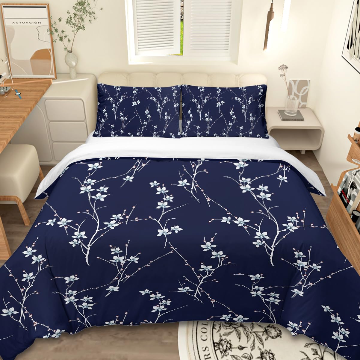 PRINTIUM 3pcs White Floral Queen Duvet Cover Set Dark Blue White Flower Printed Comforter Cover with Zipper Closure Soft Breathable Vintage Botanical Navy Bedding Set