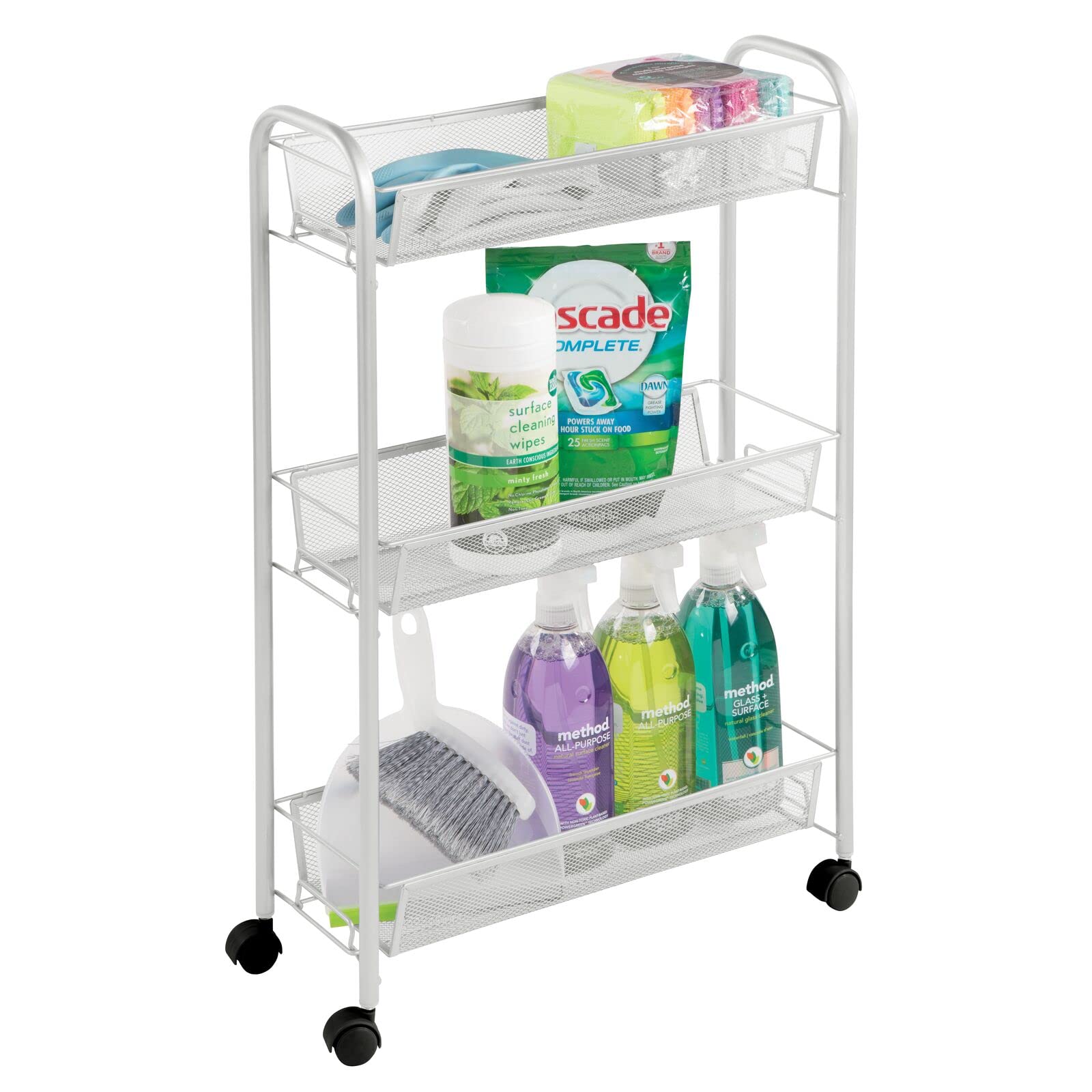 mDesign Steel Rolling Utility Cart Storage Organizer Trolley with 3 Basket Shelves for Laundry Room, Mudroom, Garage, Bathroom Organization - Holds Detergents, Hand Soap - Biro Collection, Light Gray