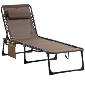 outsunny reclining chaise lounge chair, portable sun lounger, folding camping cot, with adjustable backrest and removable pillow, for patio, garden, beach, brown