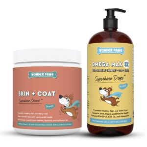 wonder paws skin + coat chews plus omega max fish oil - for dog joint health, skin and coat care, & immune system support - skin + coat 70 chews - omega max 16 ounces