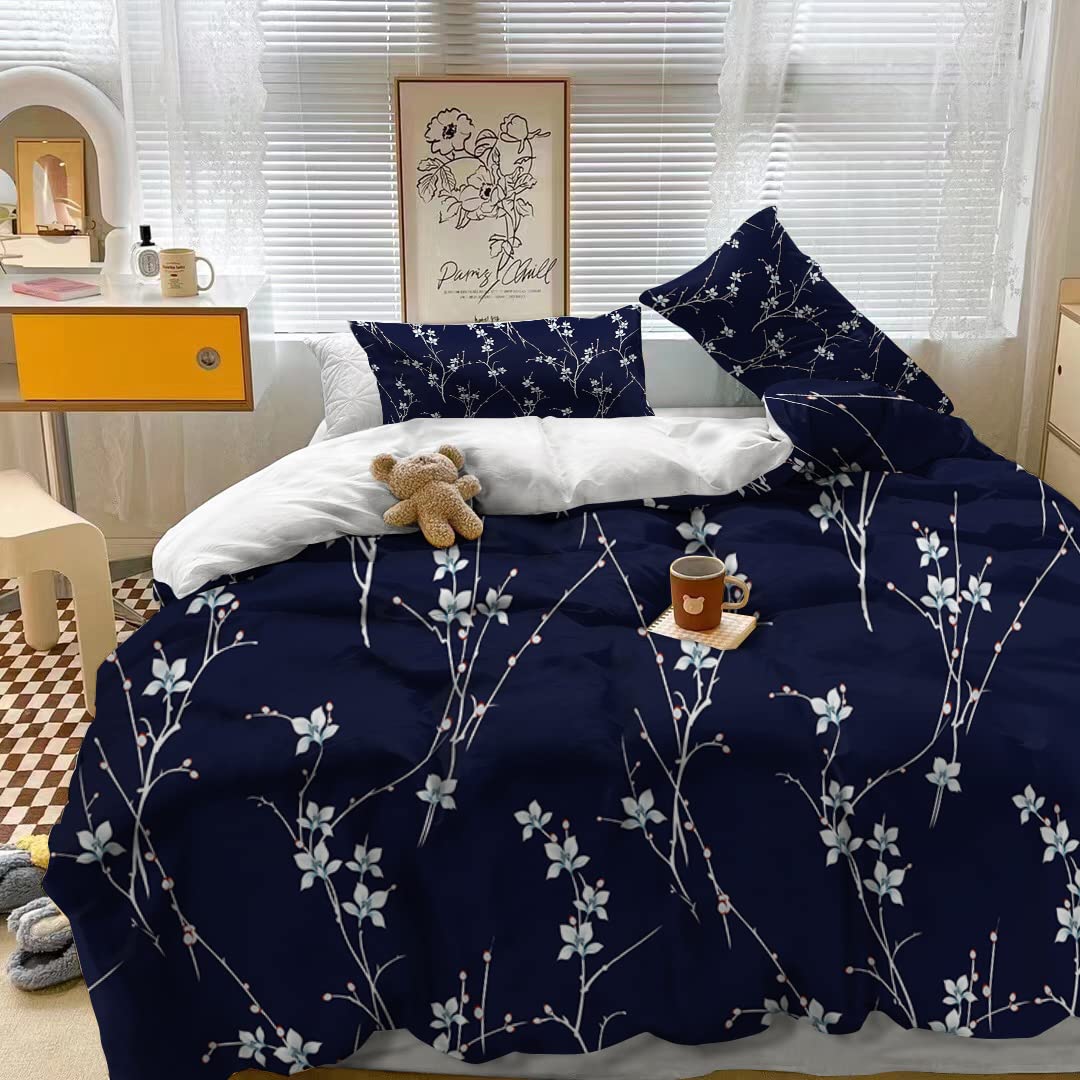 PRINTIUM 3pcs White Floral Queen Duvet Cover Set Dark Blue White Flower Printed Comforter Cover with Zipper Closure Soft Breathable Vintage Botanical Navy Bedding Set