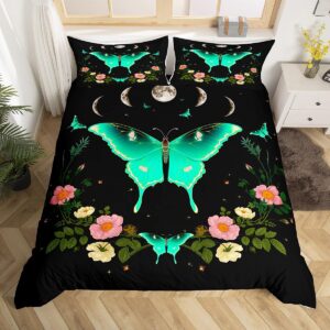 moth duvet cover set queen,moon planet starry sky galaxy bedding 3pcs for kids teens adult room decor,gothic butterfly comforter cover floral quilt cover with 2 pillowcases