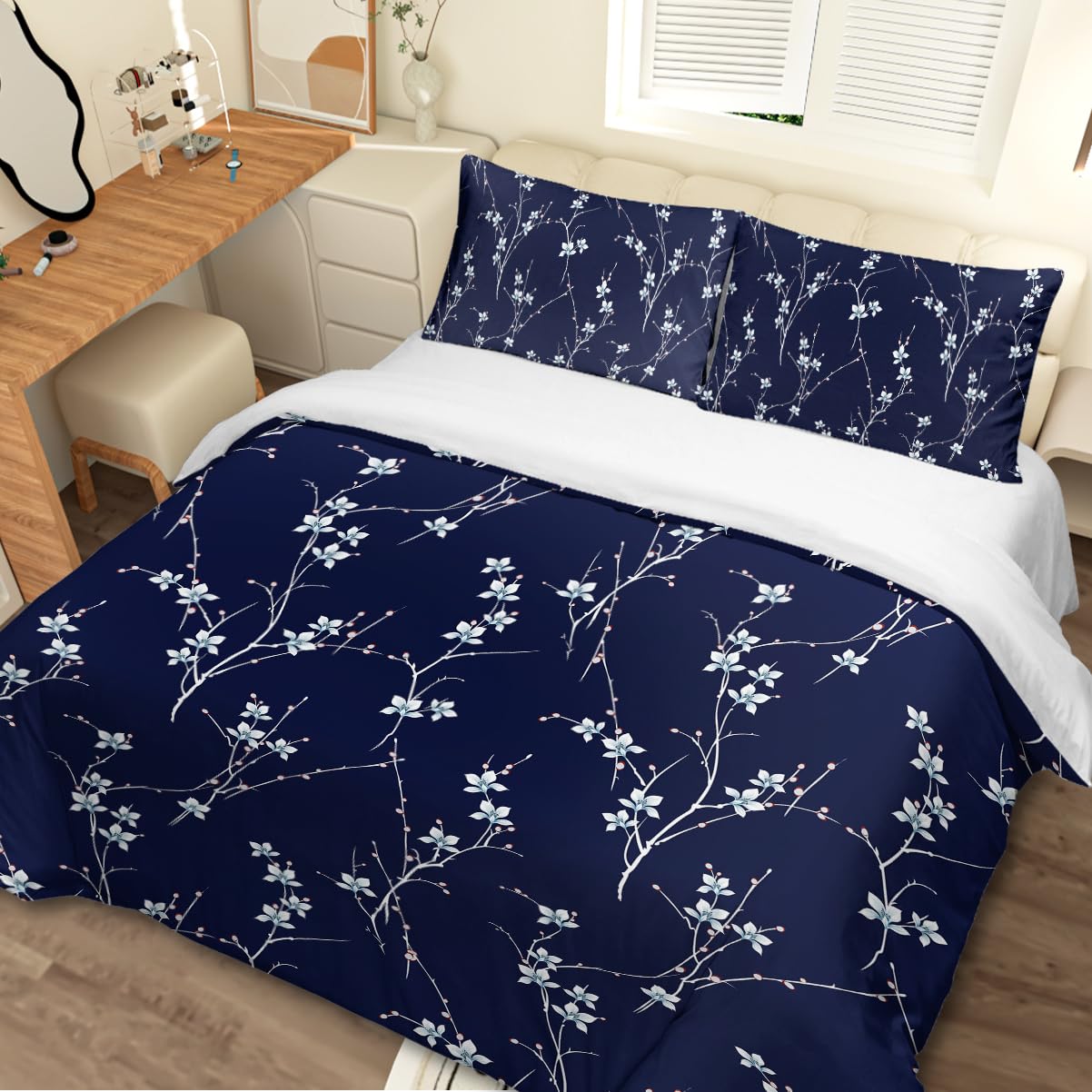 PRINTIUM 3pcs White Floral Queen Duvet Cover Set Dark Blue White Flower Printed Comforter Cover with Zipper Closure Soft Breathable Vintage Botanical Navy Bedding Set