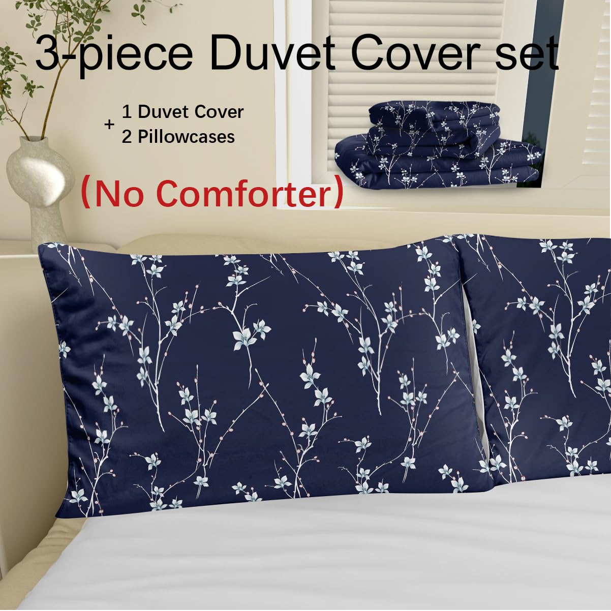 PRINTIUM 3pcs White Floral Queen Duvet Cover Set Dark Blue White Flower Printed Comforter Cover with Zipper Closure Soft Breathable Vintage Botanical Navy Bedding Set