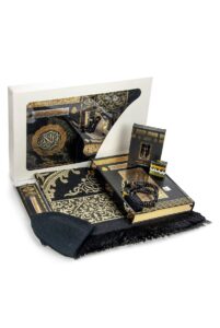 ihvan online luxury islamic prayer gift box, quran & prayer beads tesbih & muslim prayer rug & miswak stick & solid smell & kufi hats & hacerul esved, deluxe 8 piece setramadan & eid gift