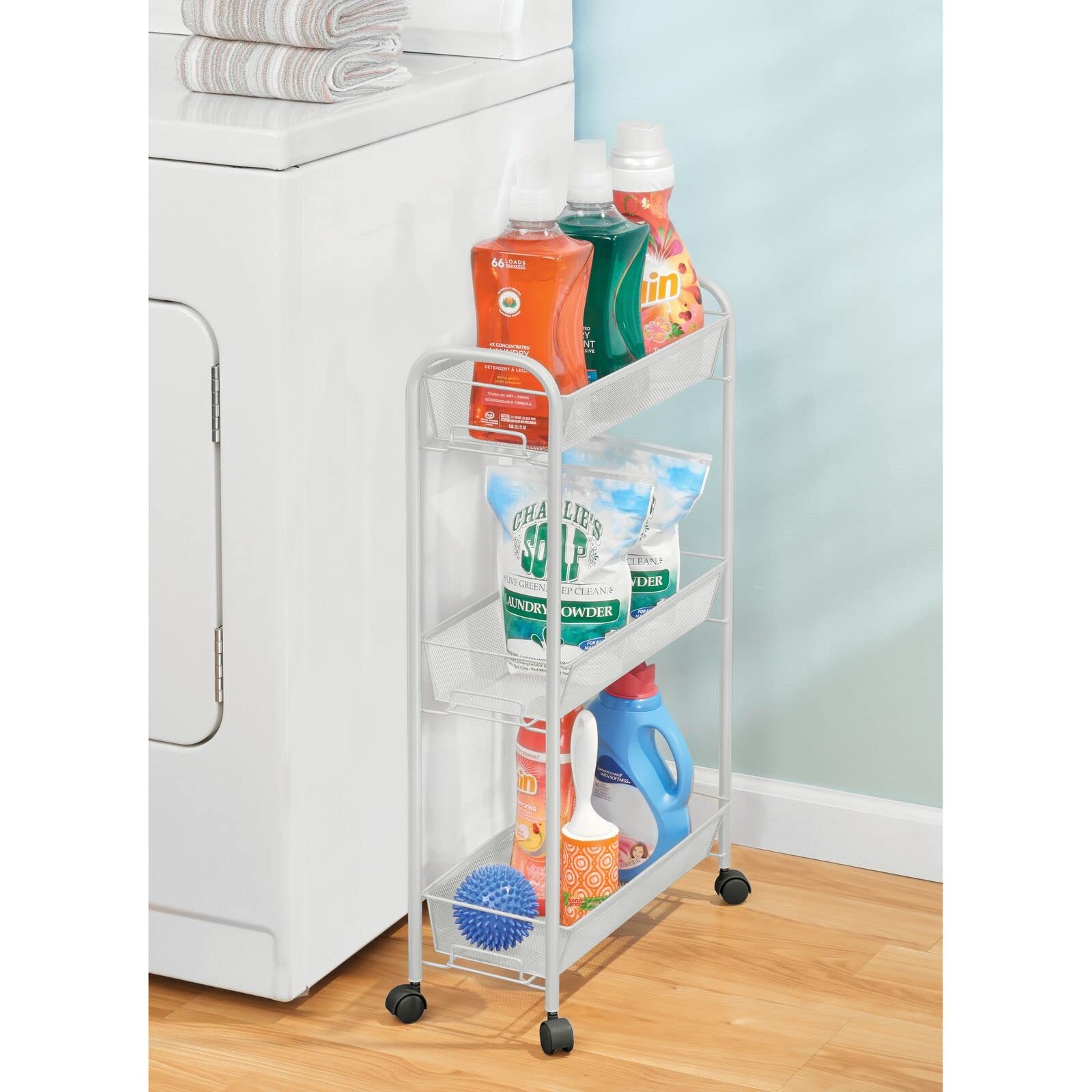 mDesign Steel Rolling Utility Cart Storage Organizer Trolley with 3 Basket Shelves for Laundry Room, Mudroom, Garage, Bathroom Organization - Holds Detergents, Hand Soap - Biro Collection, Light Gray