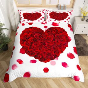 red heart duvet cover set queen size,rose floral petals bedding set 3pcs for man woman adult room decor, valentine's day gift comforter cover wedding white romantic quilt cover with 2 pillowcases