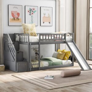 harper & bright designs kids bunk bed twin over twin, wooden bunk bed with slide and guardrail, floor bunk bed with stairway/two drawers/handrail, space-saving bedroom dormitory furniture (gray)