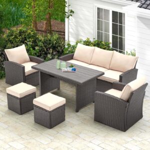 homrest 6 pieces patio furniture sets clearance, patio dining sofa set outdoor sectional sofa conversation set all weather wicker rattan couch dining table & chair (beige)