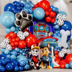 all-in-1 paw balloon arch & garland kit with bonus dog bone – small and large red, dark blue paw balloons – chase paw birthday party decorations & supplies – boy