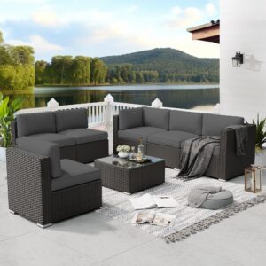 solaura 7 pieces outdoor patio furniture set, black brown rattan outdoor patio sectional conversation set, modular sofa set with coffee table, grey cushion