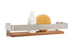 seachrome rectangular shower shelf with rail in a satin finish and natural teak wood insert