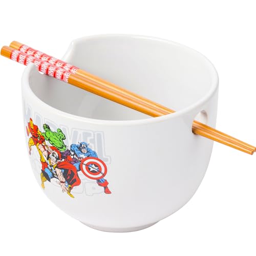 Silver Buffalo Marvel Retro Group Avengers Featuring Captain America, Hulk, Thor, and Iron Man Ceramic Ramen Bowl with Chopsticks, 20 Ounces