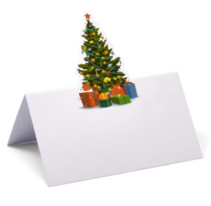 100 pack christmas place cards holiday seating name card die cut xmas tree table setting folded paper tent cards for dinner wedding tables placement party decorations 2" x 3.5"