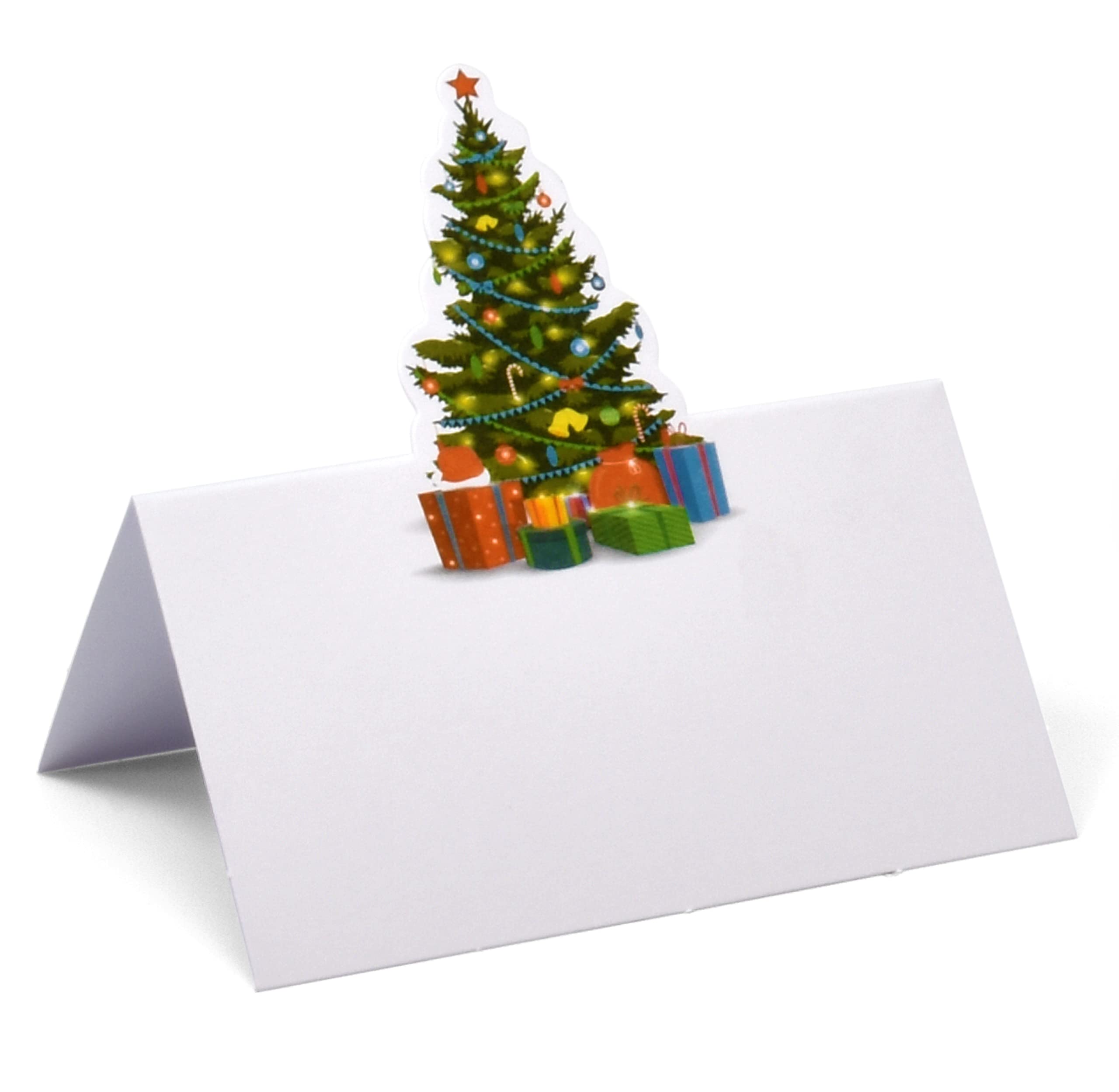 100 Pack Christmas Place Cards Holiday Seating Name Card Die Cut Xmas Tree Table Setting Folded Paper Tent Cards for Dinner Wedding Tables Placement Party Decorations 2" x 3.5"