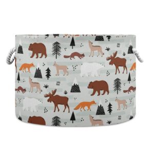 moose bear foxes trees wolf squirrel seamless forest fauna animals round storage basket bin, baby nursery organizer with handles for toys clothes, large foldable bucket waterproof laundry hamper