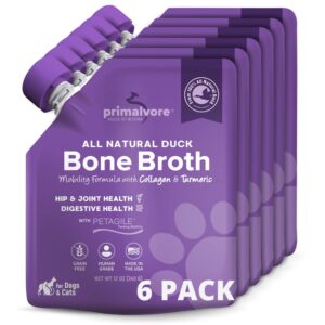 primalvore all-natural duck bone broth for dogs &cats, mobility formula w/collagen peptides for hip & joints, digestion, skin & coat and hydration. grain free, human grade, made in usa. duck 6 pack