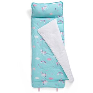 delta children nap mat with included pillow and blanket for toddlers and kids; features carry handle with strap closure and name tag; rollup design is ideal for preschool and daycare, unicorn