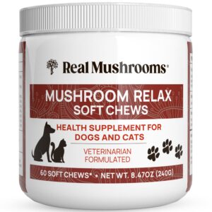 real mushrooms calming chews for dogs - cat & dog calming treats w reishi & lion's mane, calming treats for dogs, calming chews for relaxation, calming bites for pet, calming cat treats - 60ct