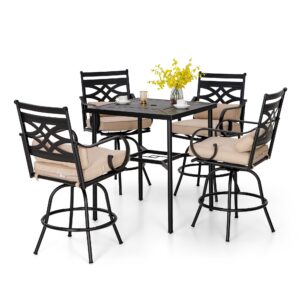 phi villa 5 piece patio bar set,outdoor bar table and chairs set, strong and heavy duty outdoor bar set with cushion and pillow，4pc swivel bar stools with square bar height table