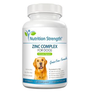 nutrition strength zinc for dogs to support healthy skin & coat, promote normal growth, balanced immune function & cellular metabolism, with biotin, folate, selenium & vitamin e, 120 chewable tablets