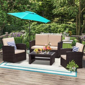 vakollia 4 piece outdoor patio furniture sets, wicker rattan conversation sofa set with table & chair for backyard balcony garden poolside porch (brown-beige)