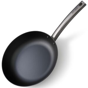 skottsberg carbon steel frying pan, pre-seasoned (11" wide) – natural non-stick layer, suitable for all heatsources, safe with metal utensils