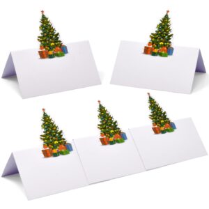 100 Pack Christmas Place Cards Holiday Seating Name Card Die Cut Xmas Tree Table Setting Folded Paper Tent Cards for Dinner Wedding Tables Placement Party Decorations 2" x 3.5"