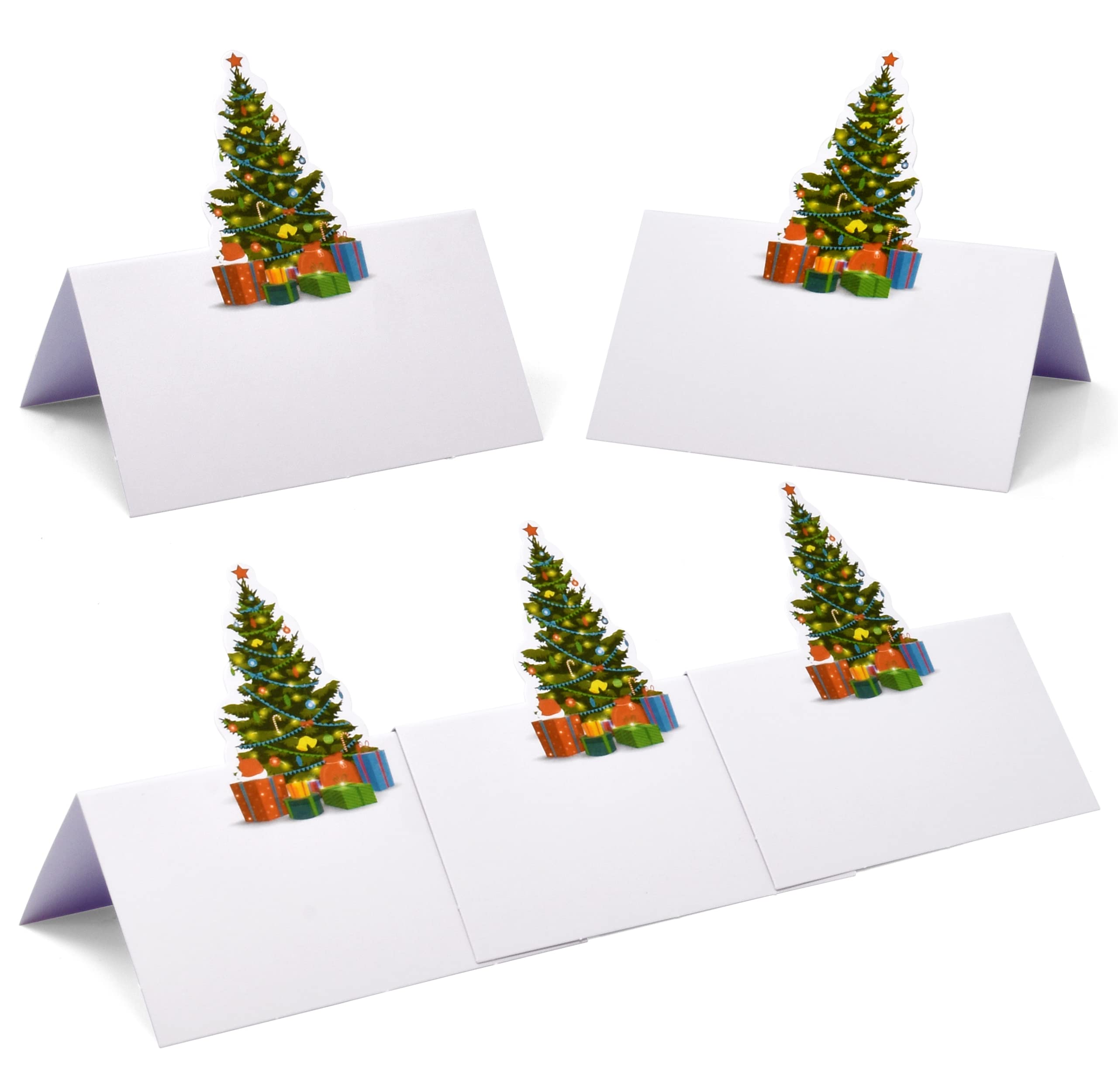 100 Pack Christmas Place Cards Holiday Seating Name Card Die Cut Xmas Tree Table Setting Folded Paper Tent Cards for Dinner Wedding Tables Placement Party Decorations 2" x 3.5"