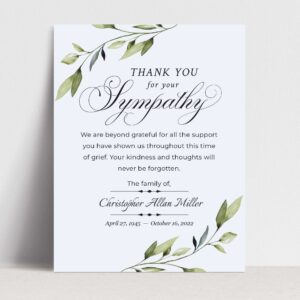 greenery personalized sympathy thank you notes, funeral thank you cards with envelopes.