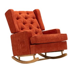 dolonm nursery rocking chair upholstered mid century modern rocker oversized wingback armchair for living room with solid wood base (orange)