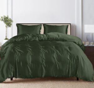 linenwalas tencel lyocell duvet cover set with deep pocket fitted sheet, viscose made from eucalyptus soft, lightweight and breathable complete bedding set (avocado green, full)