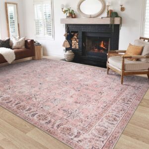 fashriend doria boho area rug, 5'×7' washable oriental rug, non-slip vintage floral rug, non-shedding traditional carpet with low pile for living room, bedroom, dining, office, retro pink