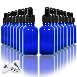 youngever 16 pack 1 ounce glass dropper bottles for essential oil, 2 stainless steel mini funnels (blue)