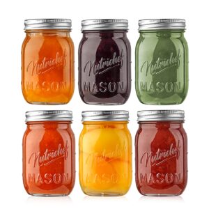 nutrichef 6-pack 16 oz mason jars with lids - thick glass canning jars with stainless steel lids - ideal for diy spices, meal prep, overnight oats, jelly, jam, honey, candles, crafts, & more