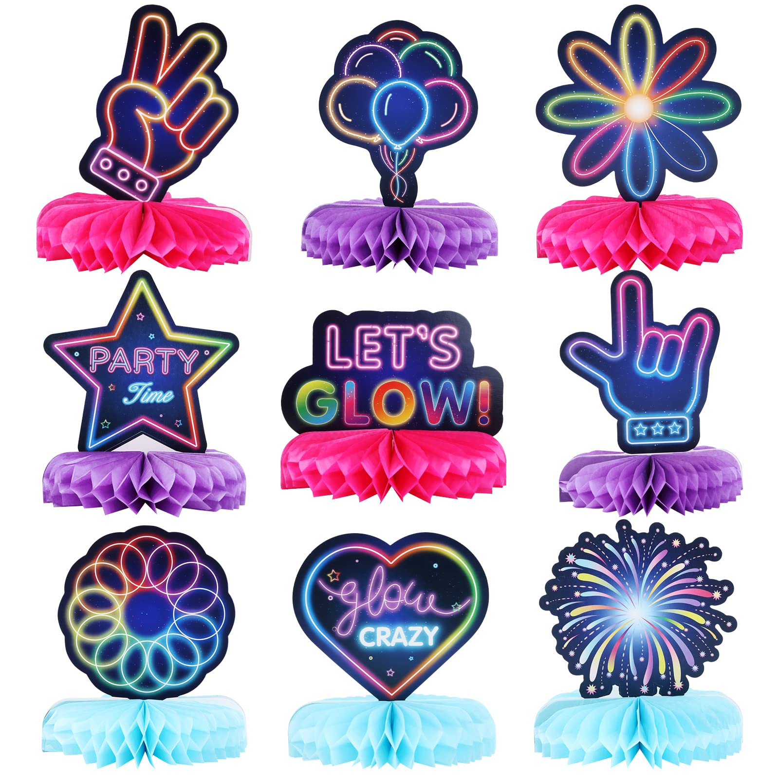 9-Piece Glow Neon Party Decoration Honeycomb Centerpieces for Tables Let's Glow Honeycomb Decorations Tabletop Centerpiece Sign for Glow in Dark Party Baby Shower