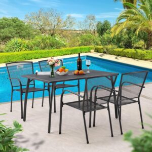 aecojoy metal outdoor table and chairs patio dining table set for 4 outside 51" dining table with umbrella hole rectangle table and 4 stackable chairs, patio furniture set for garden backyard balcony