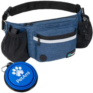 petami dog fanny pack, treat pouch for dog walking, training, built in poop bag dispenser, water bottle holder, collapsible bowl, pet treat waist belt for hiking, running, kibbles (navy blue)