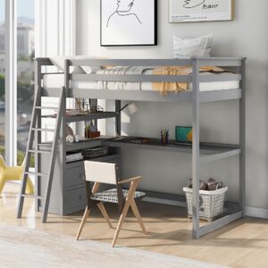 twin size loft bed with desk and drawers, wood twin loft bed with storage shelves, angled ladder and wood slat support, high loft bed for kids, teens, adults boys & girls, gray