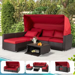 homrest 6 pieces patio furniture sets, rattan daybed with retractable canopy, outdoor sectional sofa set with adjustable backrest, chaise chair sunbed for garden poolside backyard (wine red)