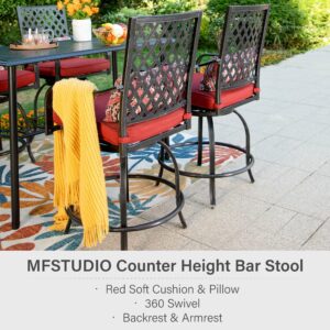 MFSTUDIO 4 PCS Outdoor Swivel Bar Stool, Patio Counter Height Bar Chair with Cushion and Armrest, Red