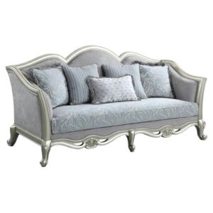 acme qunsia sofa with 5 pillows in light gray fabric and champagne