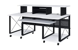 acme furniture megara 72" x 30" rectangular metal storage music desk, included wheels, multiple functional & storage spaces, in white and black finish