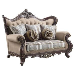 acme furniture upholstery loveseat with arched backrest, light brown and cherry