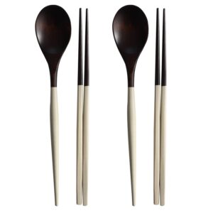 chopsticks reusable korea traditional spoon and chopsticks set, 2 pair lacquer wooden chopsticks spoon (ivory)