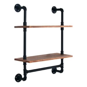 houseaid industrial pipe floating shelves with towel bar, 24 inch farmhouse vintage style shelf for bathroom, wall mounted, matte black (2 tiers)