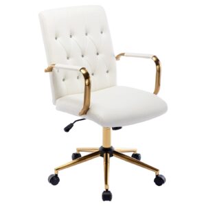 duhome pu leather home office desk chairs, modern gold task chair with wheels for office, swivel adjustable computer chair with armrest and gold base white